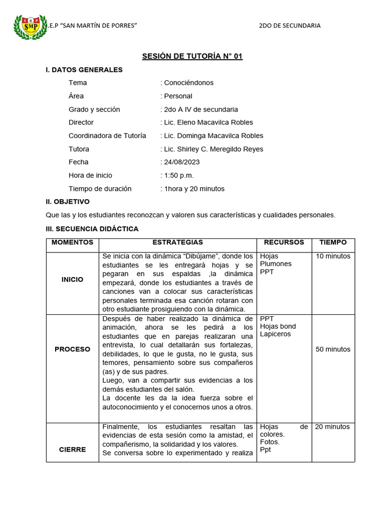 SESIÓN DE TUTORÍA N°1-2024 | PDF