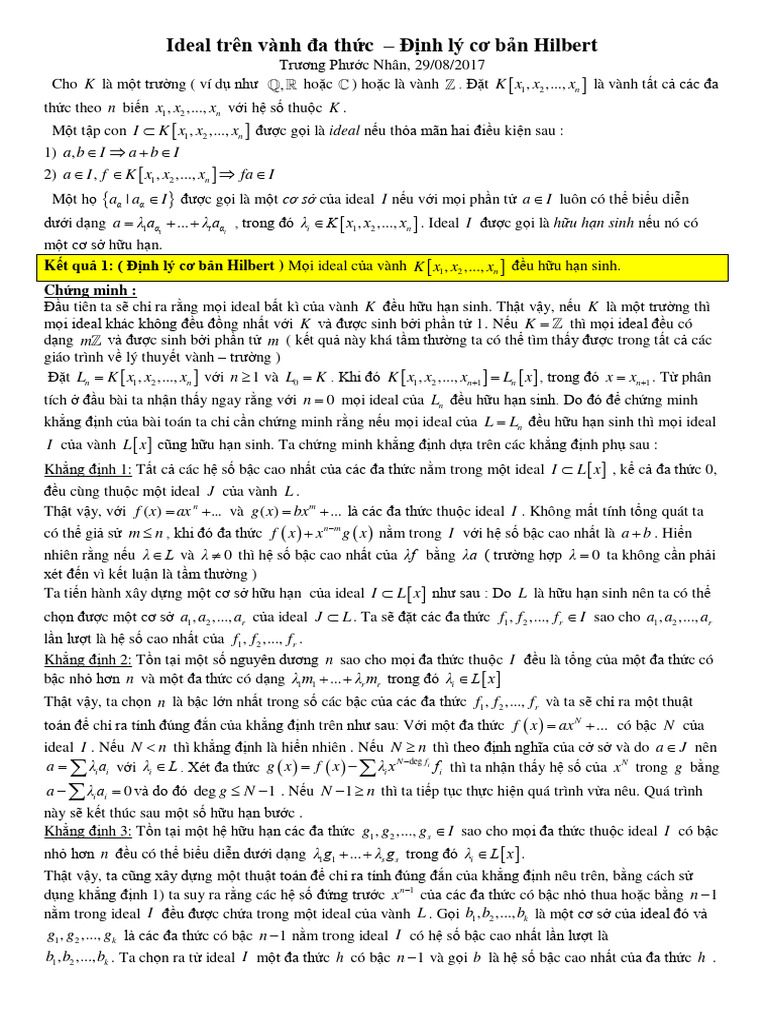 Ideal trên vành đa thức - Định lý cơ bản Hilbert | PDF