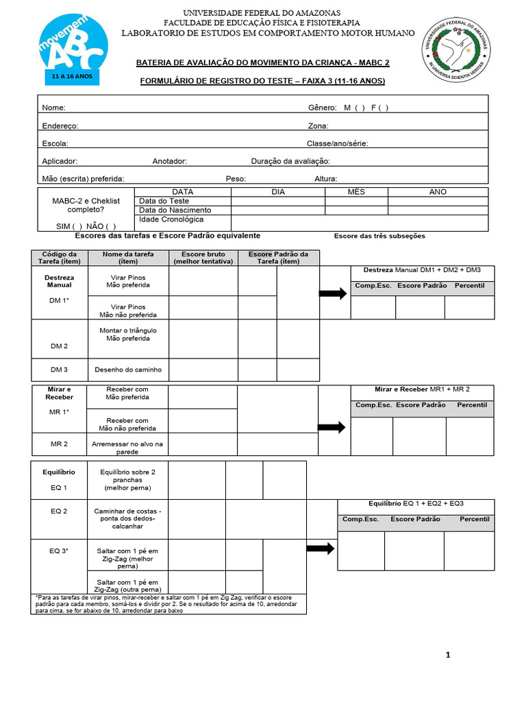 Ficha MABC-2 Bateria Motora 11 A 16 Anos | PDF | Humano | Física