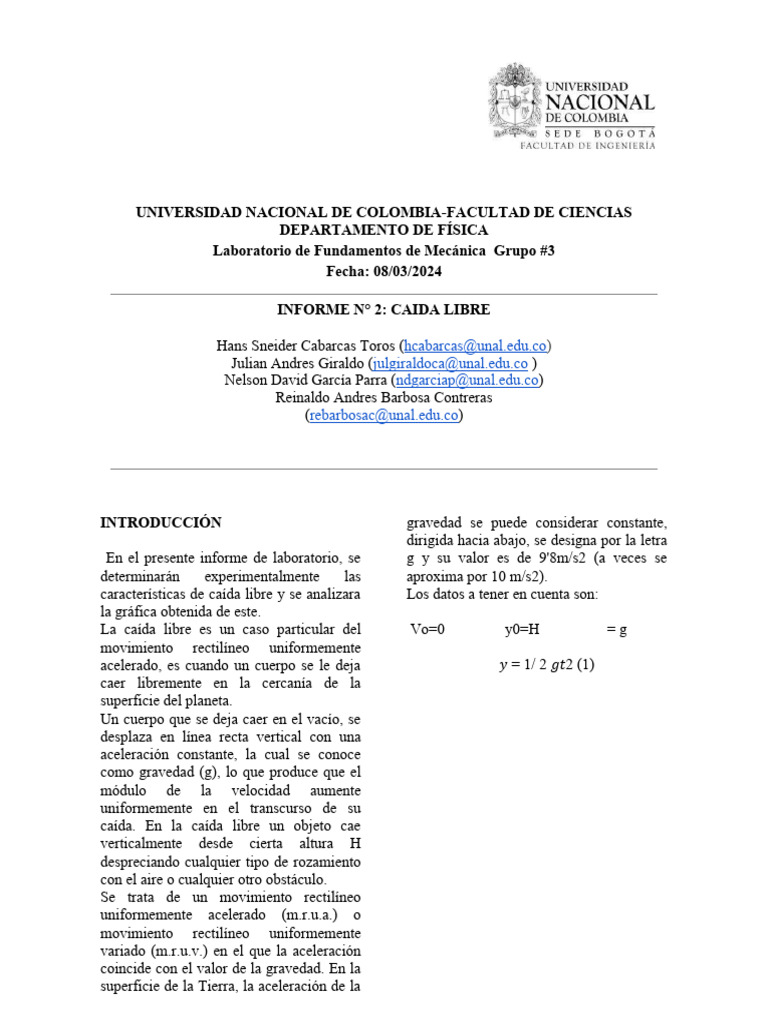 Informe 2 Caida Libre, | PDF | Ciencias fisicas | Física Aplicada e Interdisciplinaria
