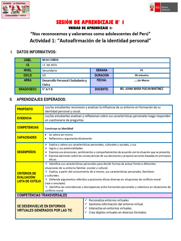 5º Dpcc Ses 1 Uni 1 Sem 01 - 2024 | PDF | Aprendizaje | Evaluación