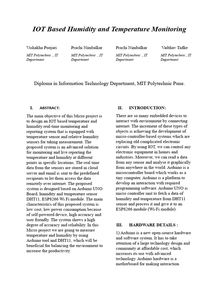 IOT Based Humidity and Temperature Monitoring ETI | PDF | Sensor ...