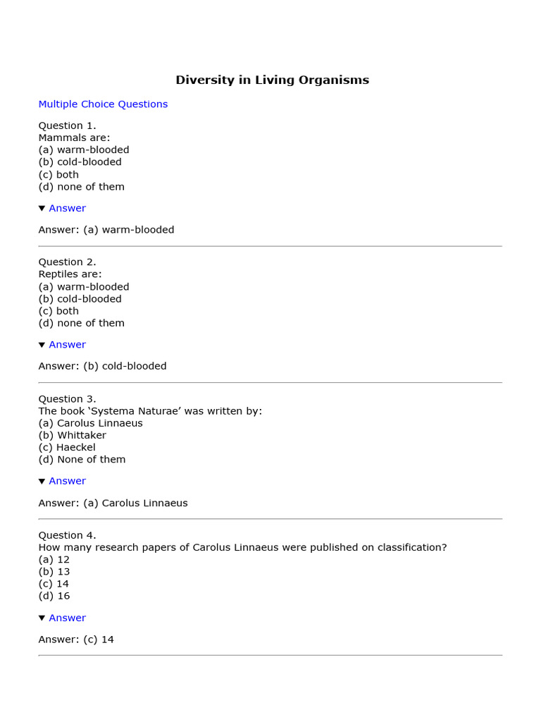 Diversity in Living Organisms Quiz | PDF | Eukaryotes | Zoology