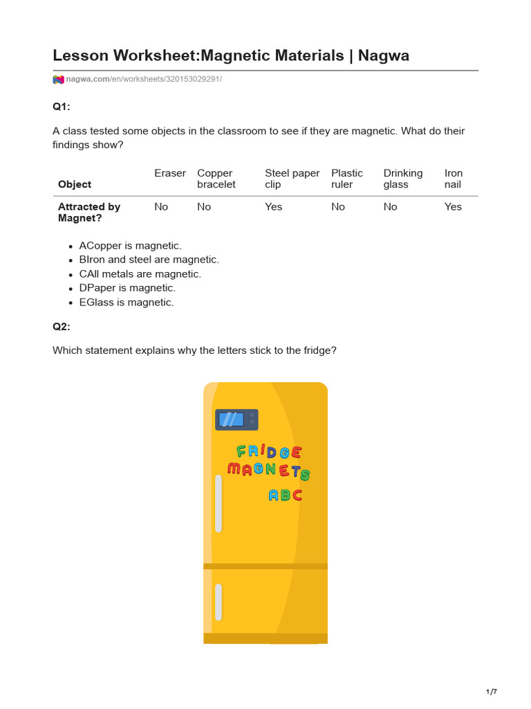 Lesson WorksheetMagnetic Materials Nagwa | PDF | Magnetism | Magnet