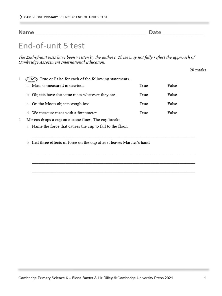 P Science 6 End-Of-Unit 5 | PDF | Weight | Mass