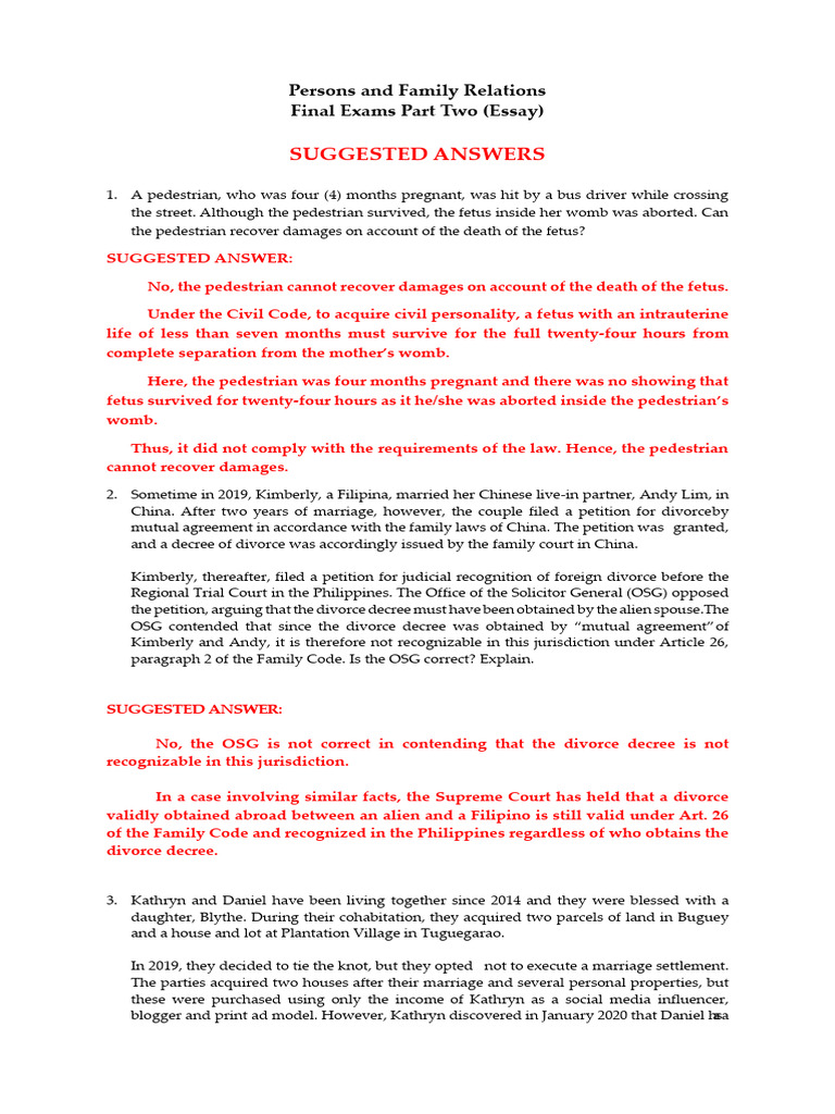 Persons and Family Relations FInal Exam Essay Suggested Answers | PDF ...