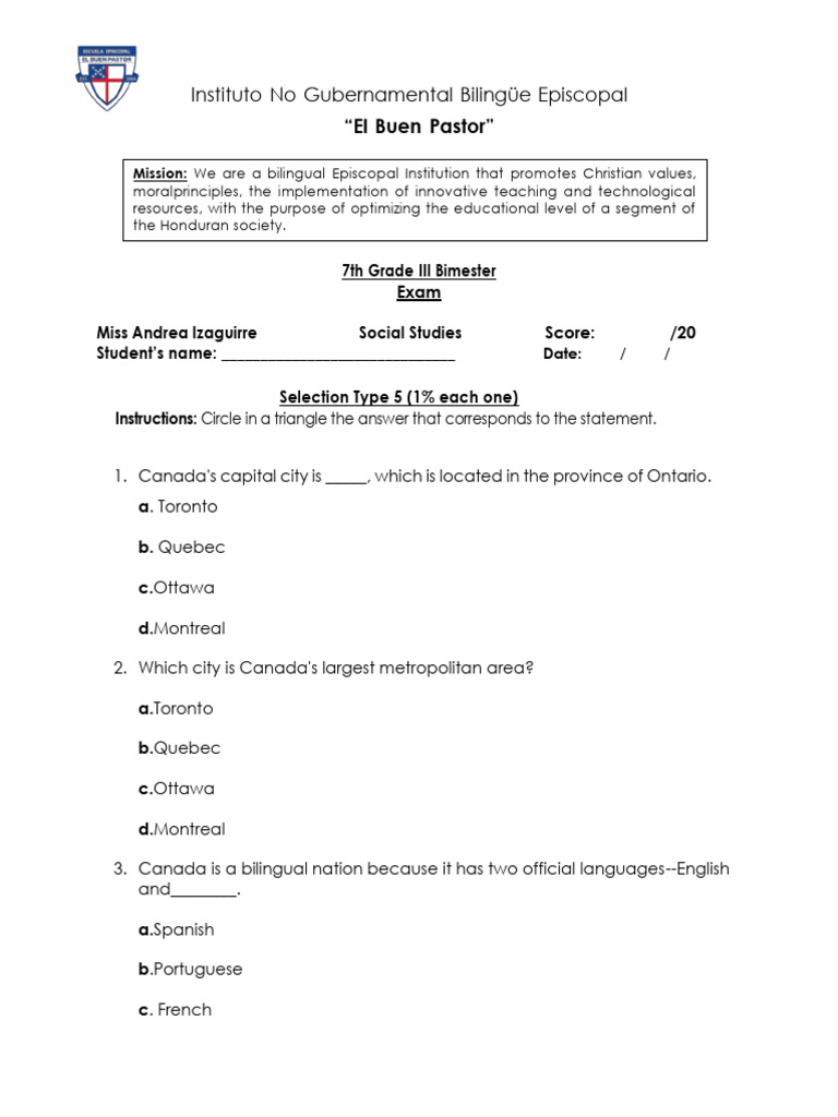 7th Grade III Bimester Exam | PDF | Canada | Quebec