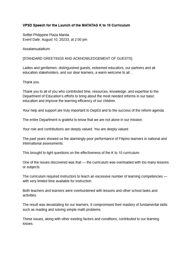 VPSD Speech - Matatag Curriculum Launch081023 | PDF | Curriculum | Learning