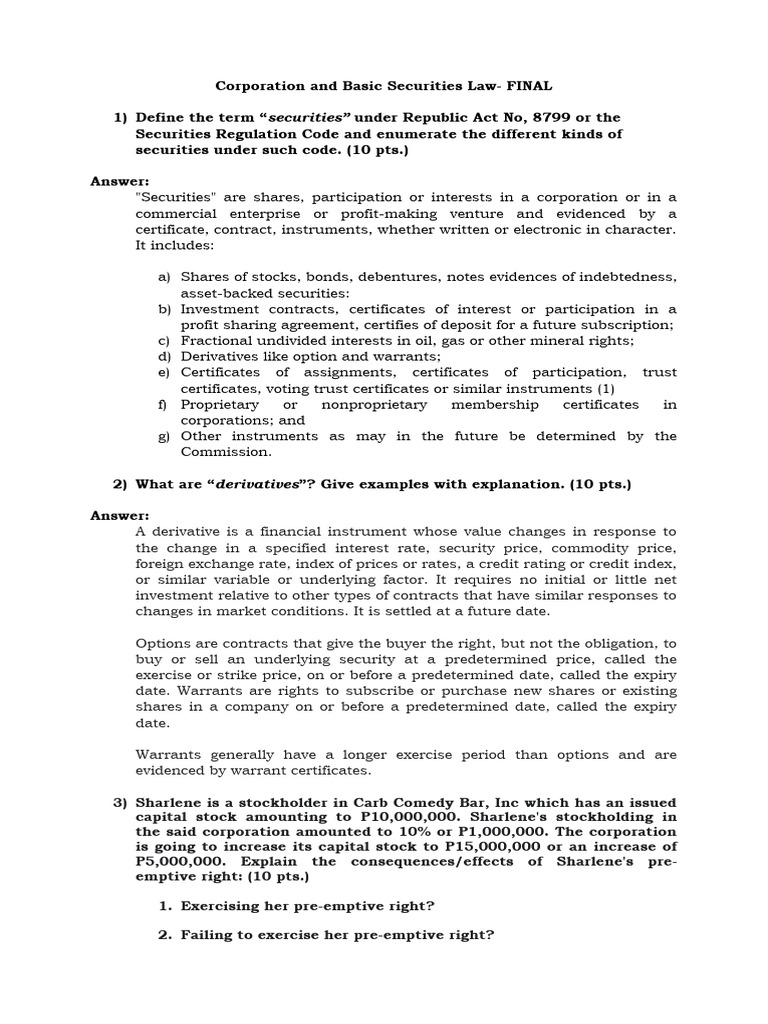 Corporation and Basic Securities Law QA 2024 Exam | PDF | Securities ...