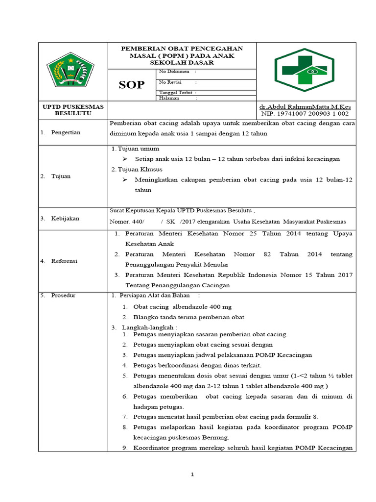 Sop Pemberian Obat Pecegahan Massal Popm Pada Anak Sekolah | PDF ...