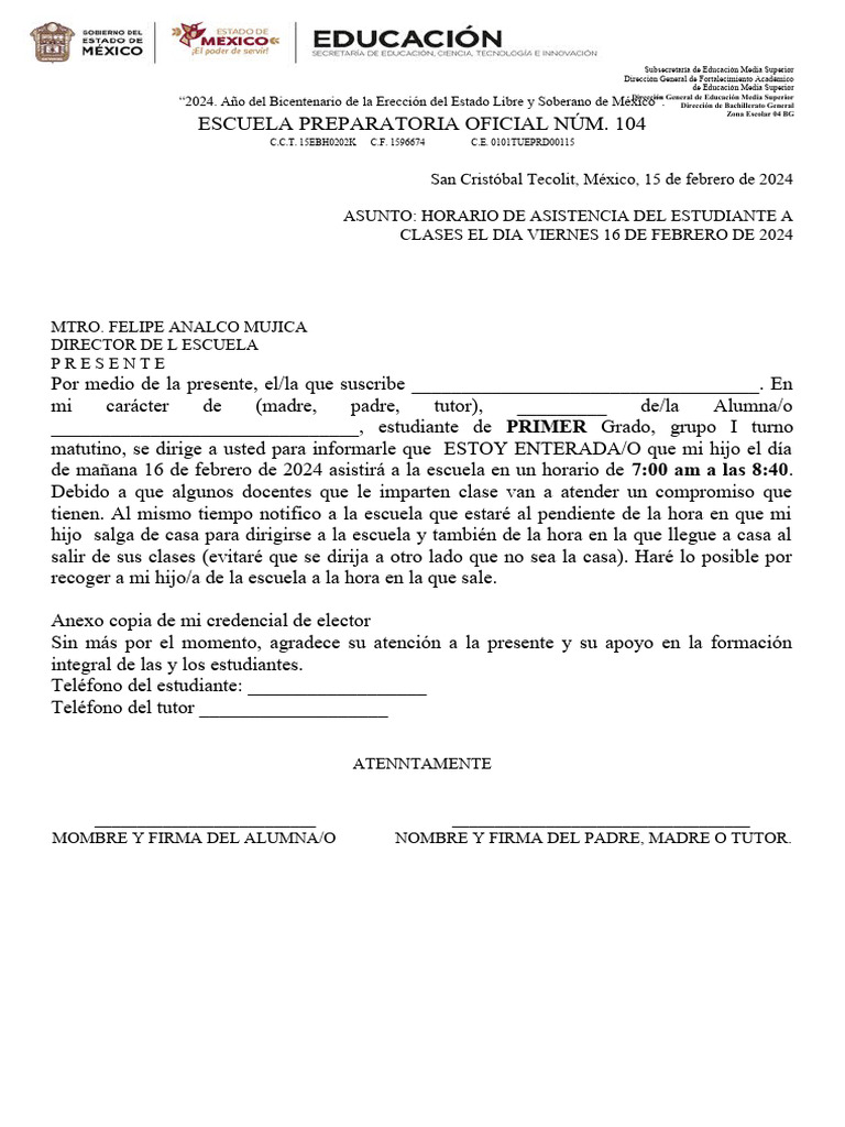 Aviso Salida Temprano Feb24 | PDF | Etapas educativas