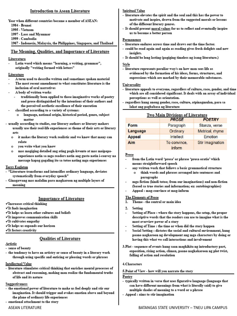 ASEAN LITERATURE - Notes | PDF | Narration | Narrative