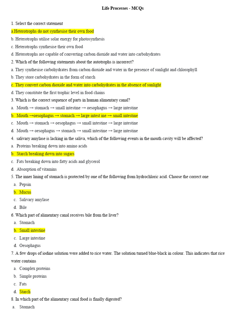 Chapter 6 life processes mcqs | PDF | Digestion | Stomach