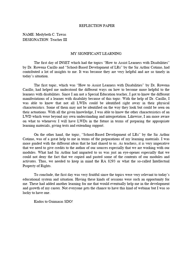 Reflection Paper Inset 2020 | PDF