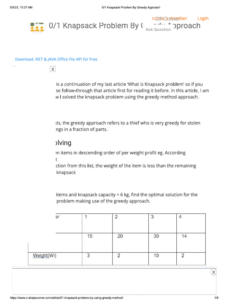 0-1 Knapsak Problem Greedy Approach | PDF