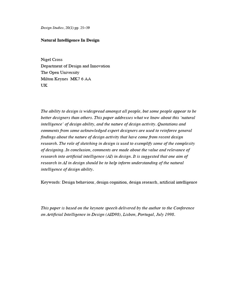 Natural Intelligence in Design Nigel Cross | PDF | Thought | Reason