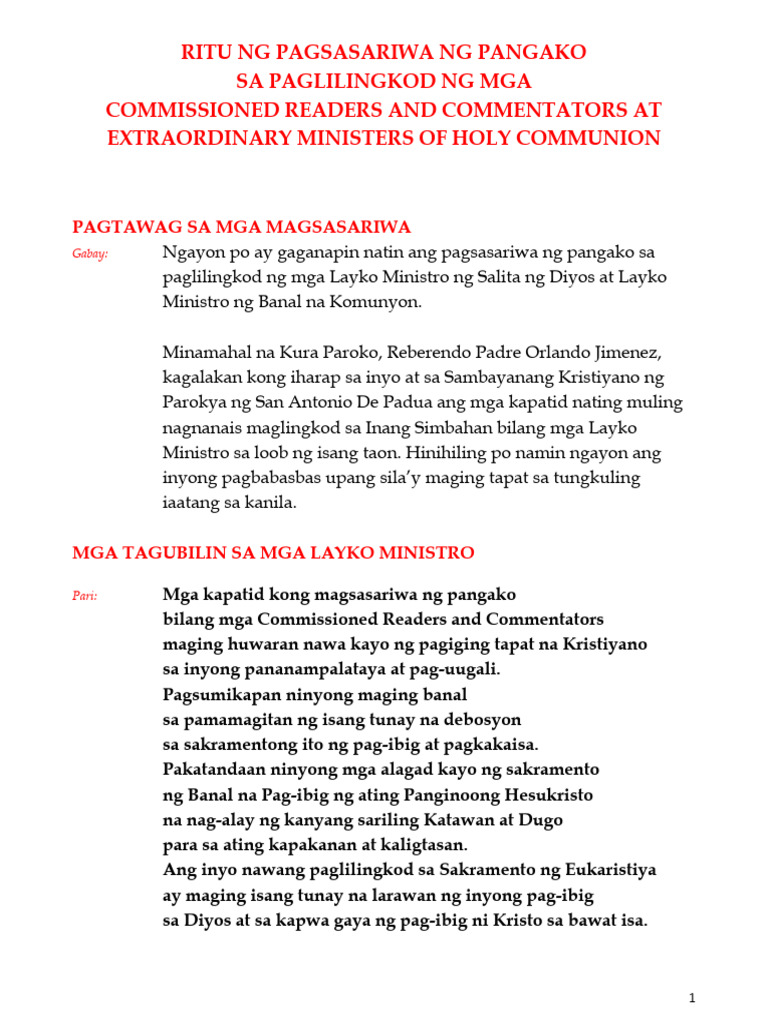 RITU NG PAGSASARIWA NG PANGAKO - ComRe at LMHC | PDF
