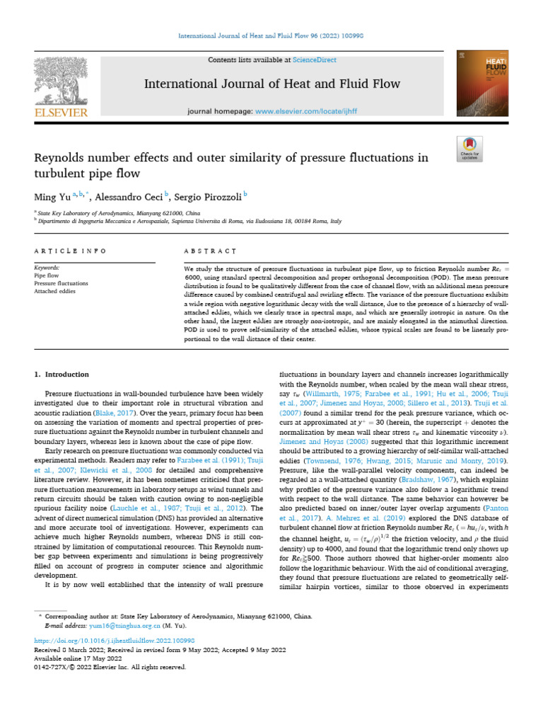 Reynolds Number Effects and Outer Similarity of Pressure Fluctuations ...