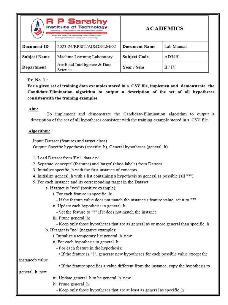 ML Lab Manual_Ex No. 1 to 9 | PDF | Statistical Classification | Bayesian Network