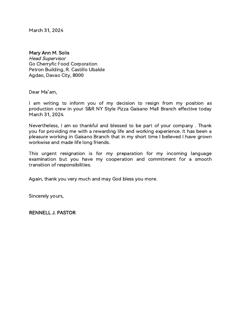 Resignation Letter from Production Crew | PDF | Career & Growth