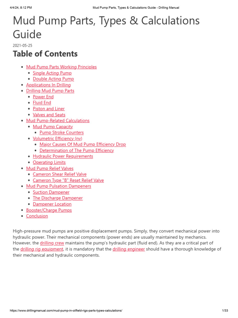 Mud Pump Parts, Types & Calculations Guide - Drilling Manual | PDF | Pump | Piston