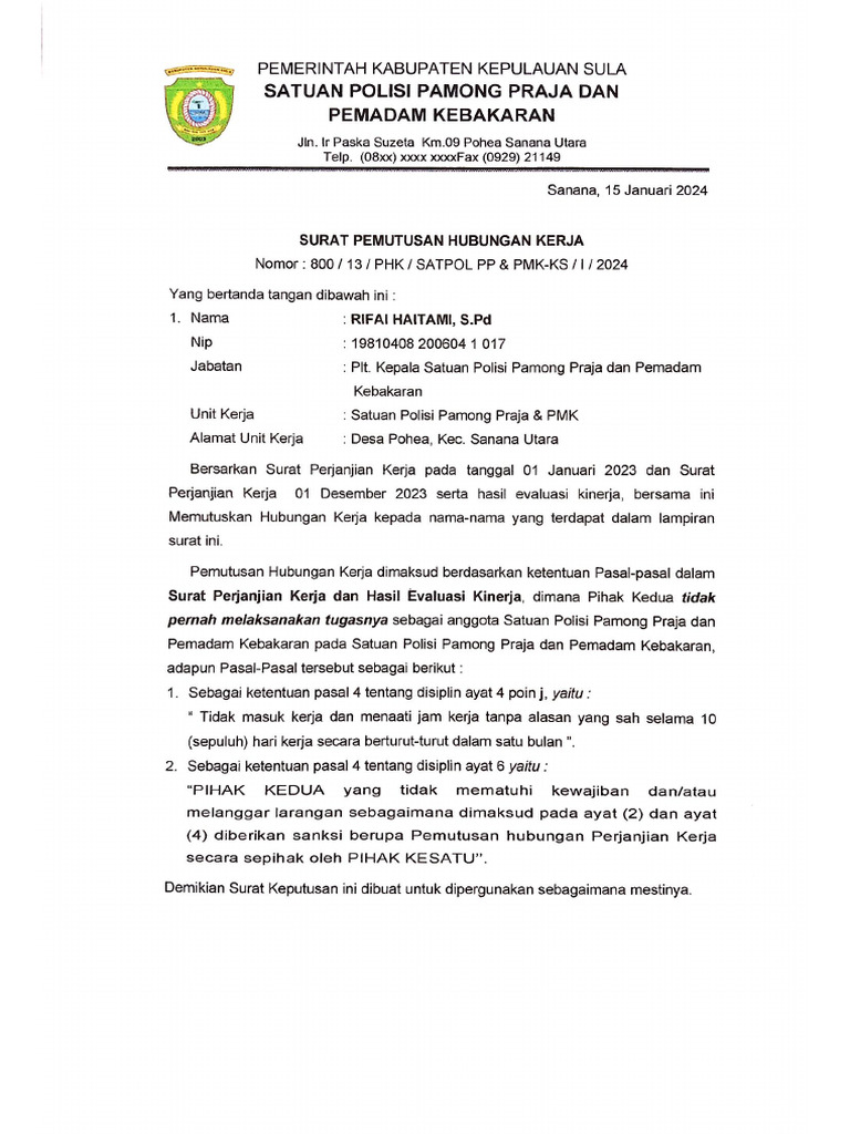Surat Pemutusan Kerja | PDF