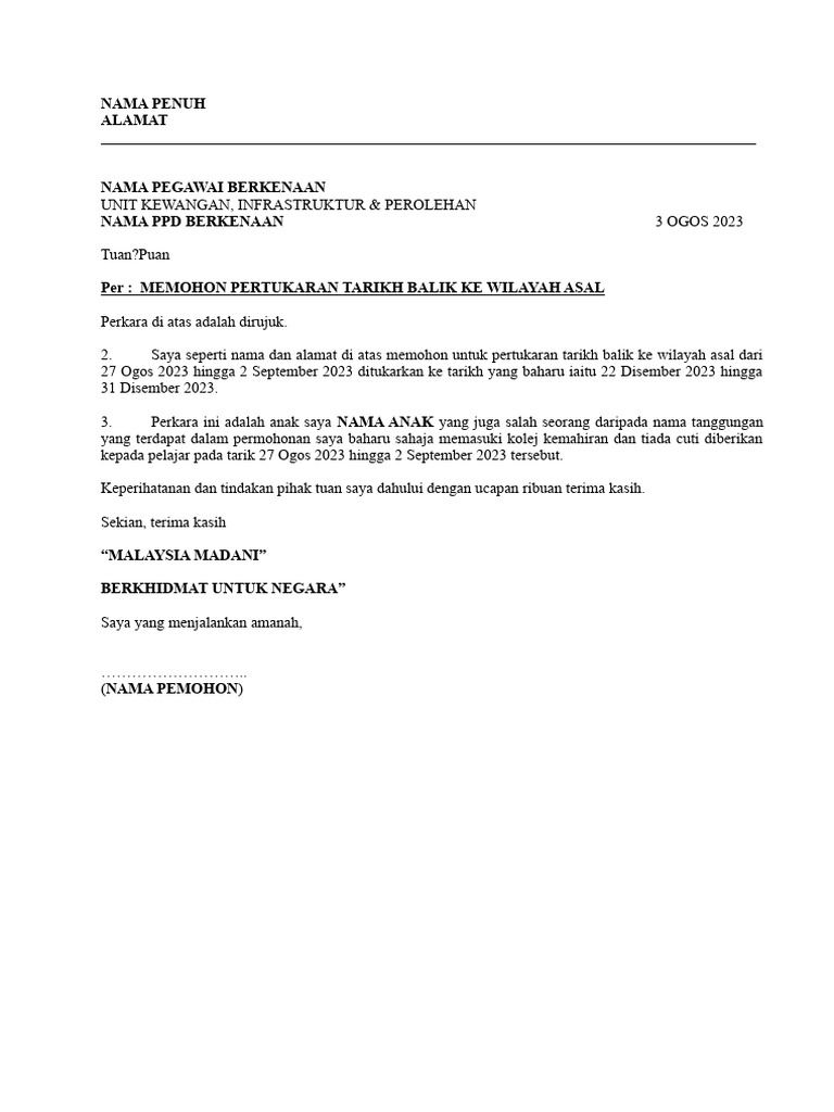 Contoh Surat Tukar Tarikh Balik Wilayah Asal | PDF