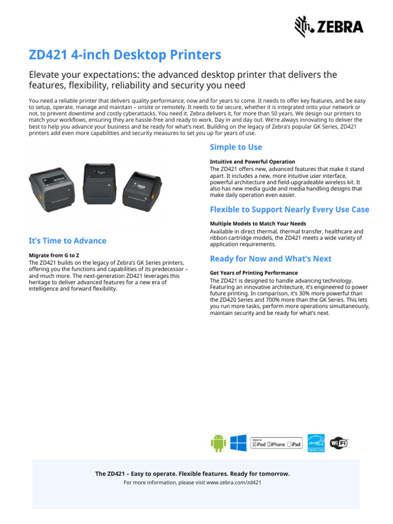 Brosur Zd421-Series-Spec | PDF | Printer (Computing) | Usb