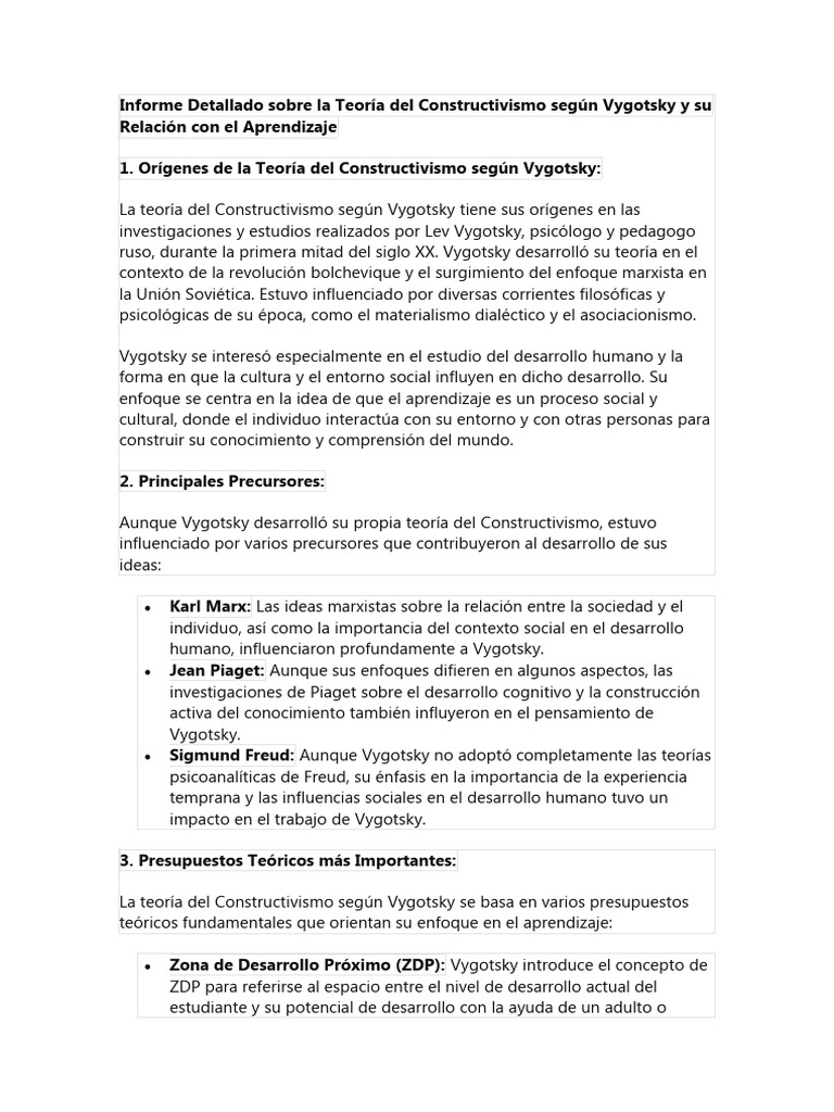 Informe Detallado Sobre La Teoría Del Constructivismo Según Vygotsky y Su Relación Con El ...