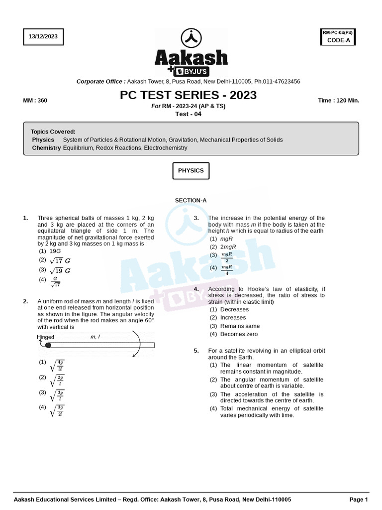 RM (Phase-04) - For NEET - PC-04 - 13-12-2023 - Question Paper | PDF | Rotation Around A Fixed ...