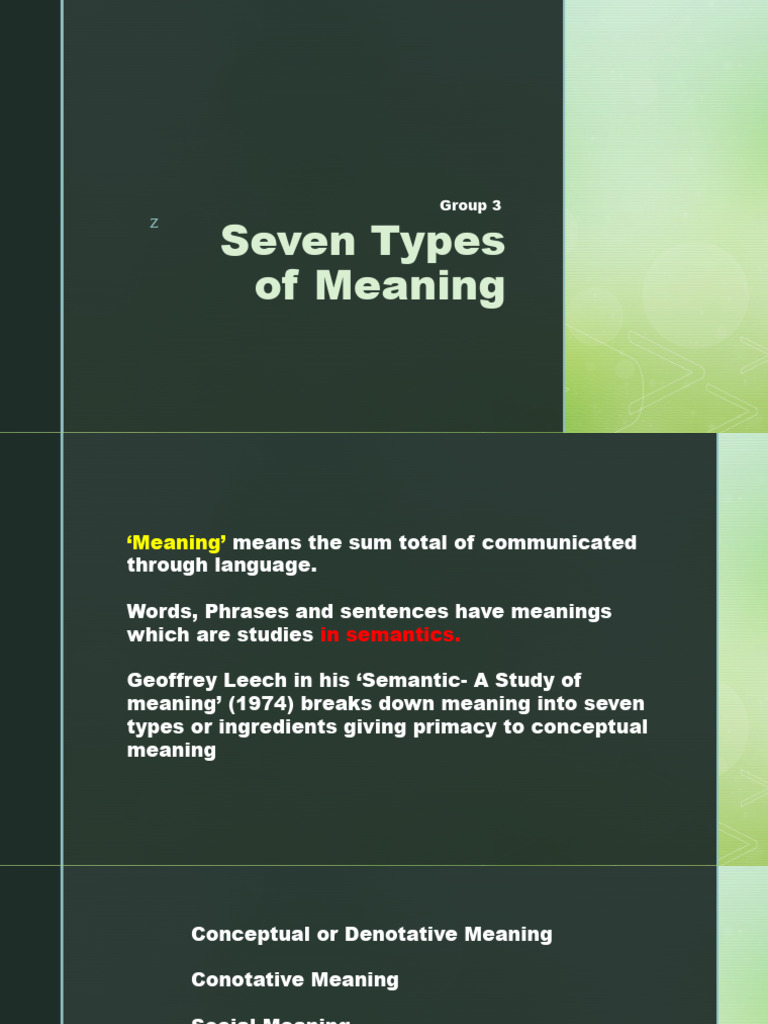 Seven Types of Meaning | PDF | Semantics | Stress (Linguistics)