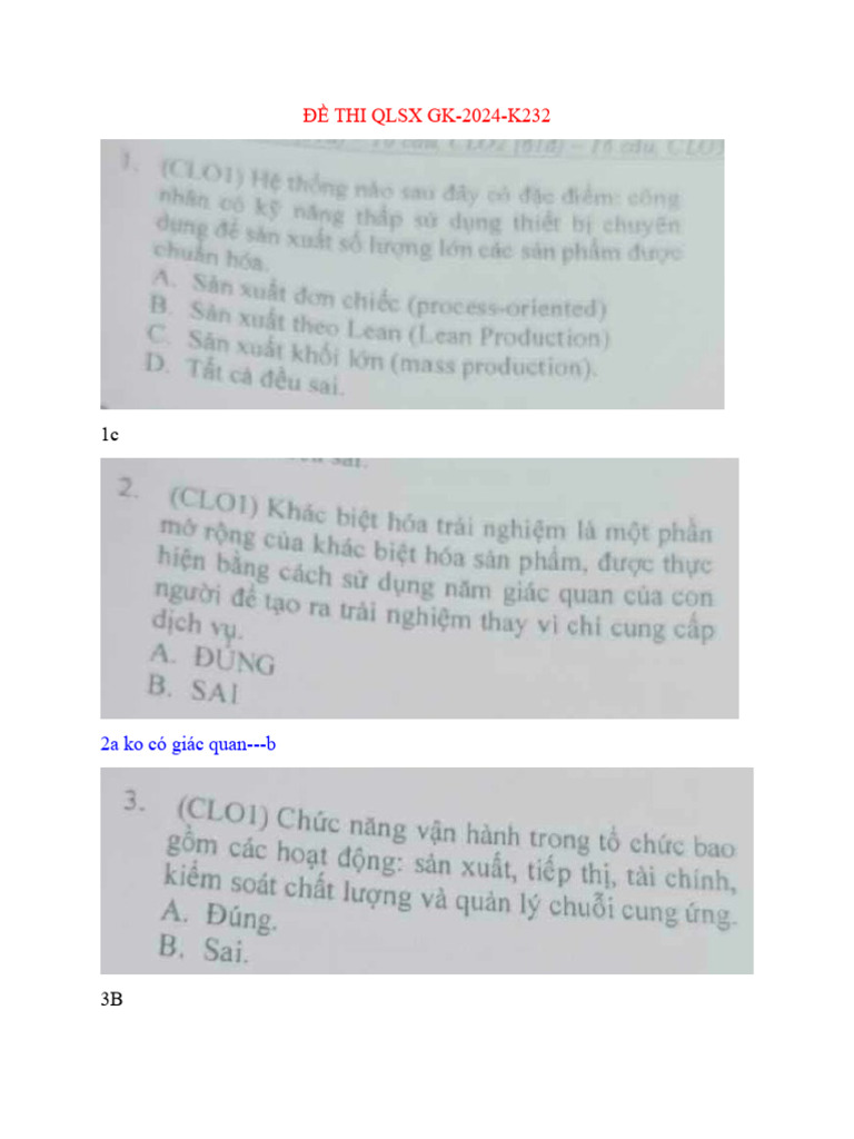 Đề thi QLSX GIỮA KÌ 2024 | PDF