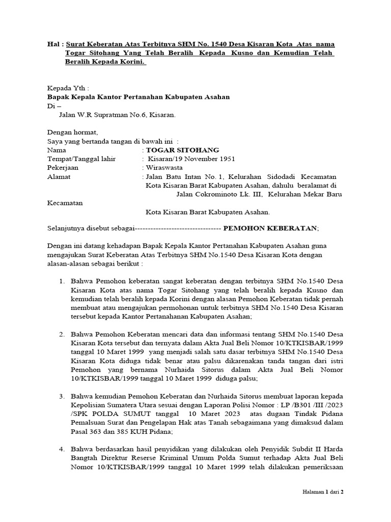 Surat Keberatan Ke BPN - 025213 | PDF