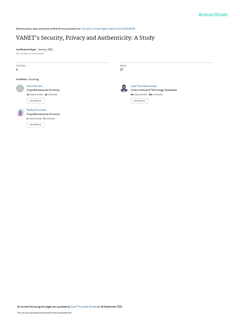 VANETs Security Privacy and Authenticity A Study | PDF | Wireless Ad Hoc Network | Computer Network