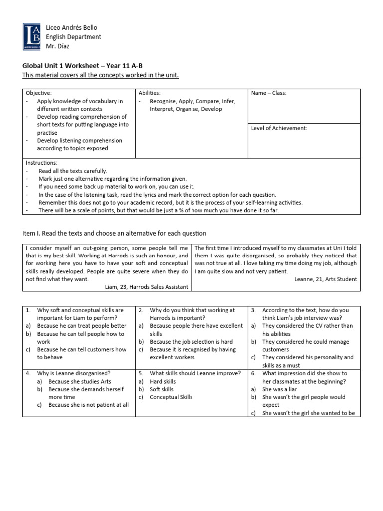 Year 11 A B 3M Guía Global Unit 1 English | PDF | Reading Comprehension ...