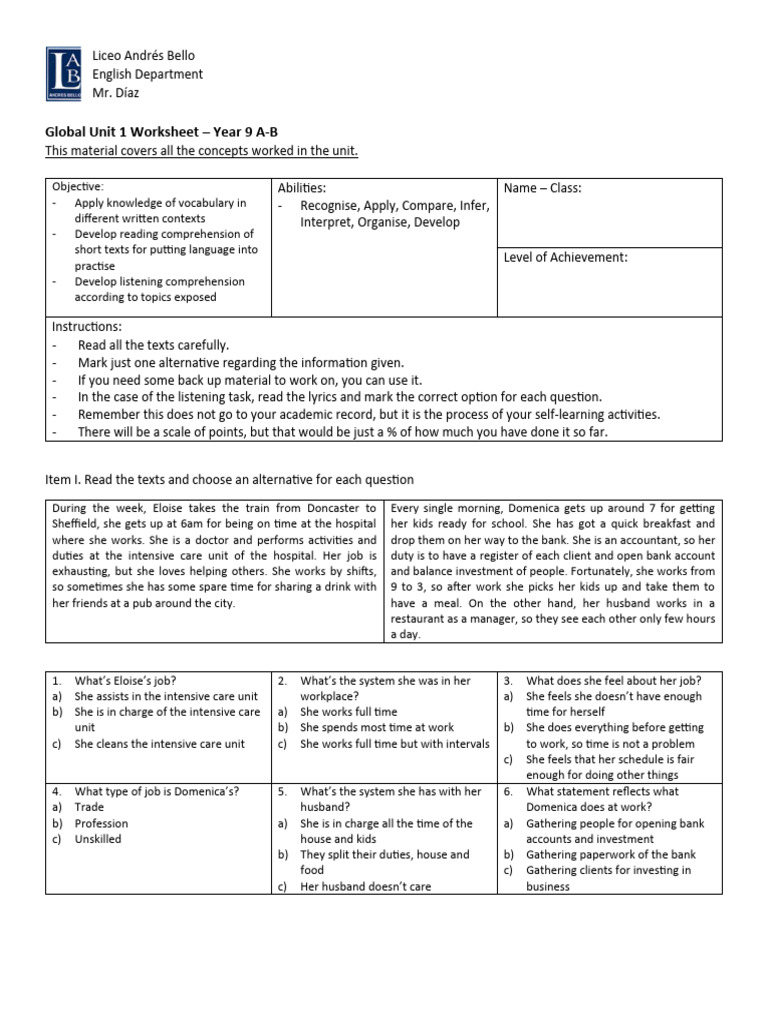 Year-9-A-B-1M-Guía-Global-Unit-1-English | PDF | Cost Of Living ...
