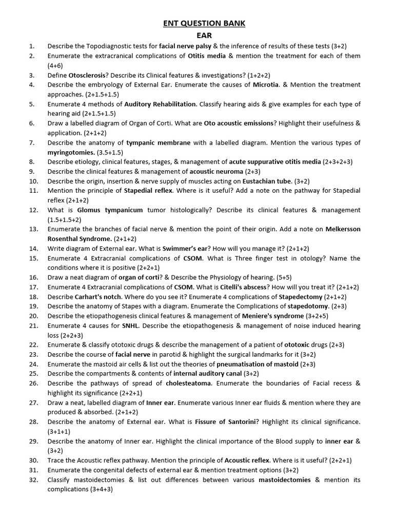 ENT Question Bank (PRINT) | PDF | Human Nose | Ear