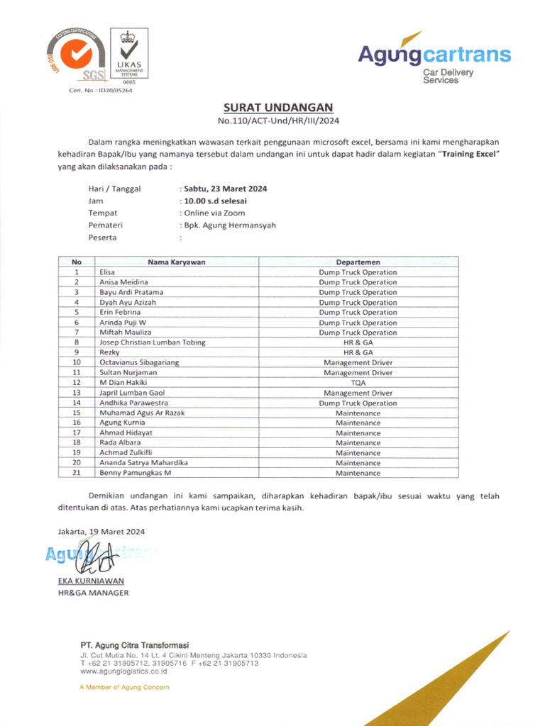 Surat Undangan Training Excel Site 2024 | PDF