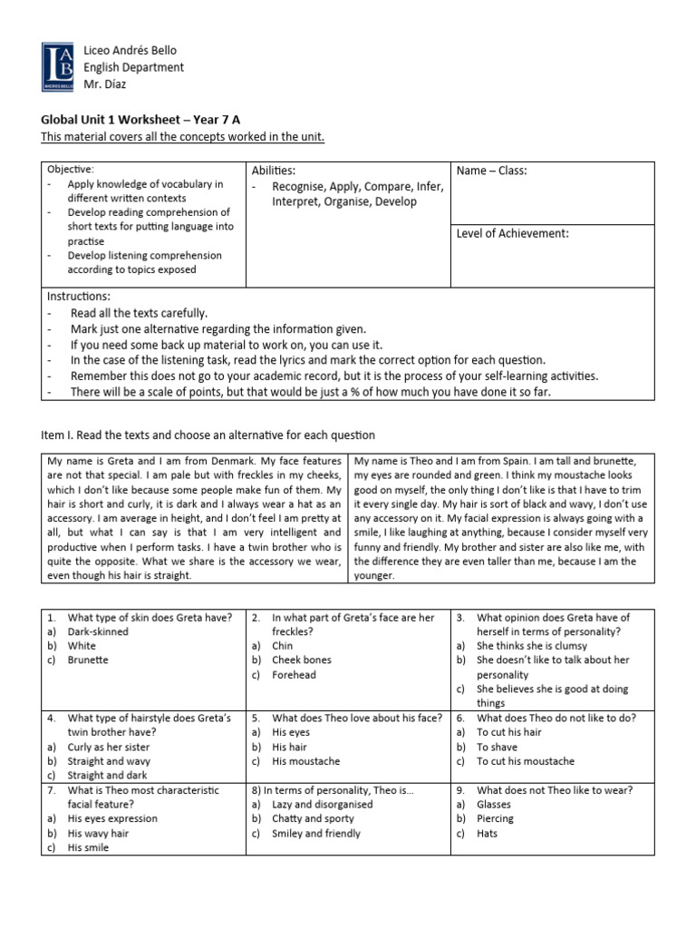 Year 7A Guía Global Unit 1 English | PDF | Family | Reading Comprehension