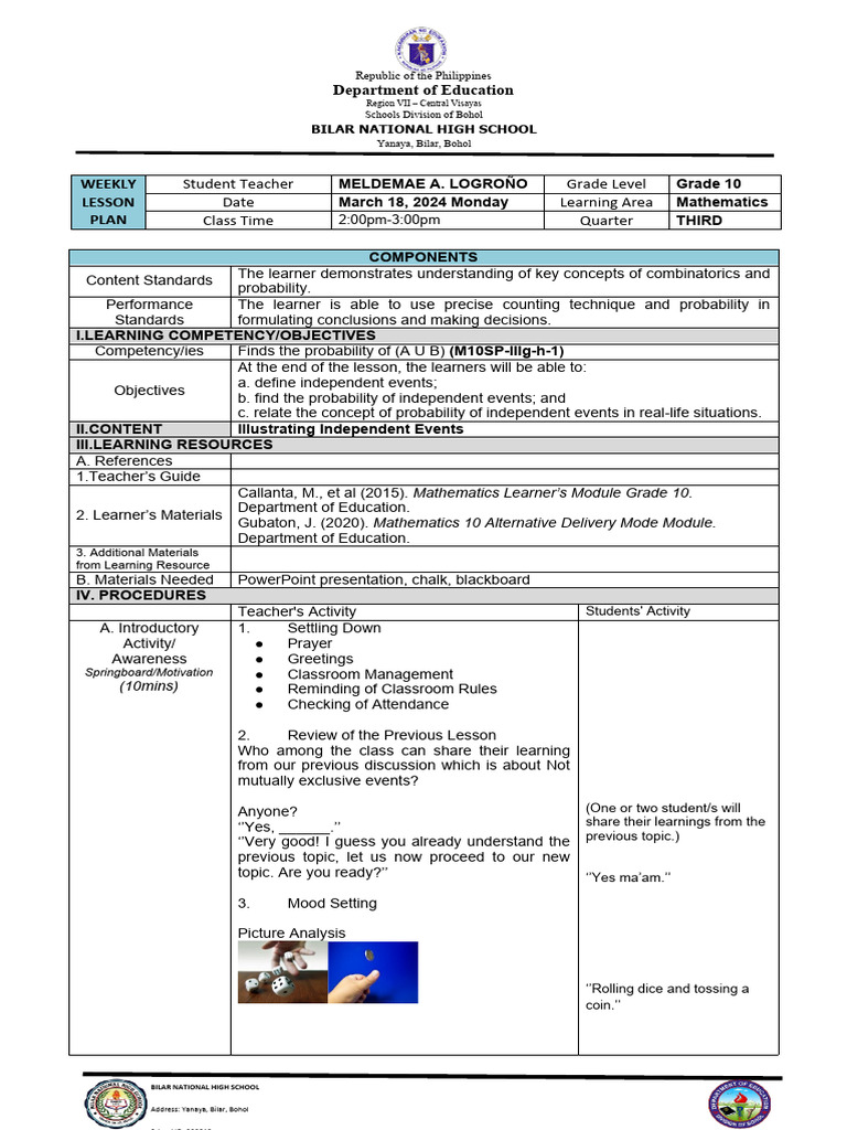 Grade 10 Math Weekly Lesson Plan | PDF | Learning | Probability