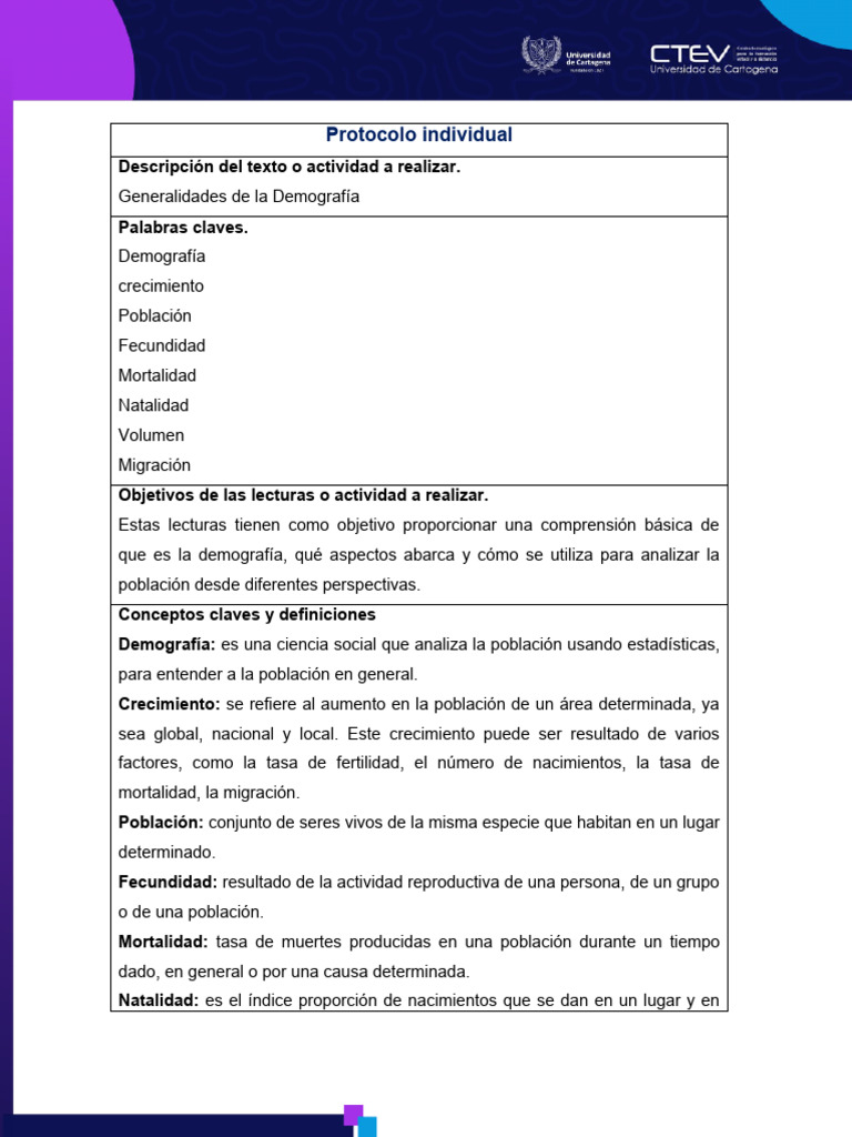Protocolo Individual Demografía 1 | PDF | Población | Demografía