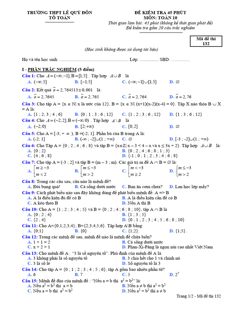 De Kiem Tra 45 Phut Dai So 10 Chuong 1 Truong THPT Le Quy Don Binh Phuoc | PDF