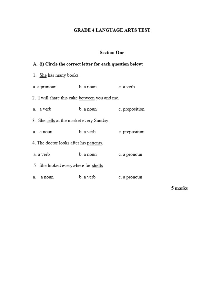 Grade 4 Language Arts Test | PDF | Verb | Noun