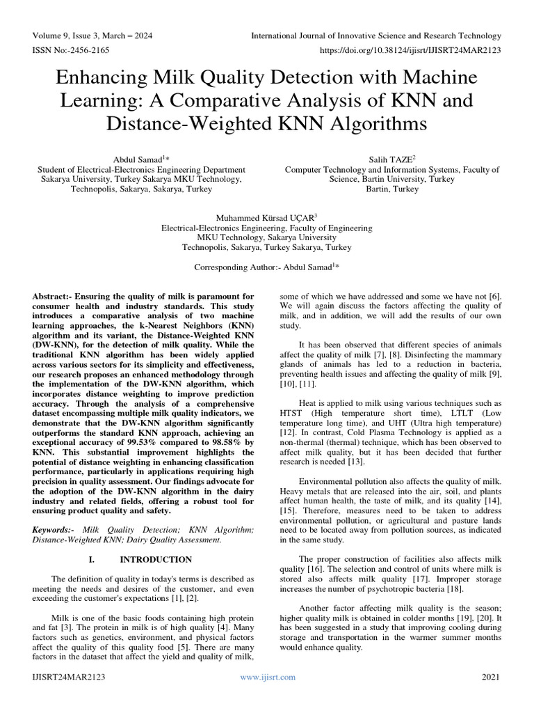 Enhancing Milk Quality Detection With Machine Learning: A Comparative Analysis of KNN and ...