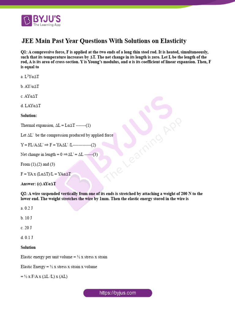 JEE Main Elasticity Previous Year Questions With Solutions PDF | PDF | Elasticity (Physics ...