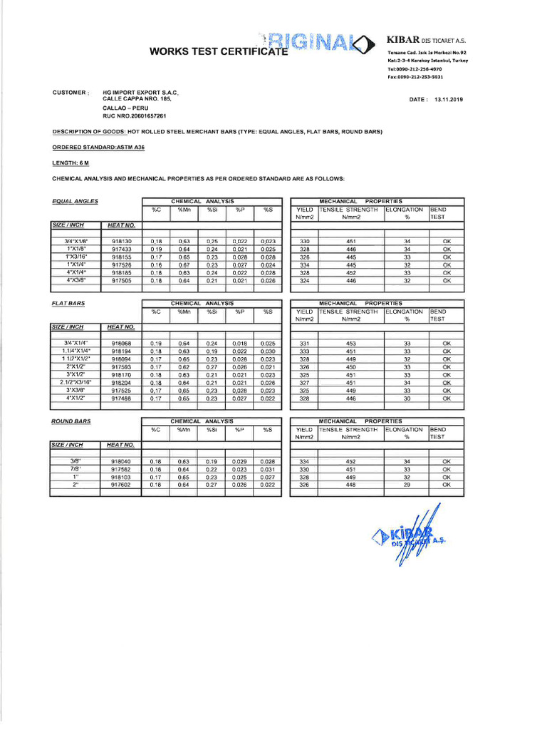 CERTIFICADO ANGULO A36 | PDF
