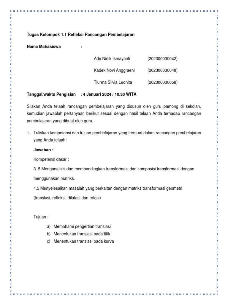 TK 1.1. - TK 1.2 Refleksi Rancangan Pembelajaran Dan Pemetaan Rancangan Pembelajaran | PDF