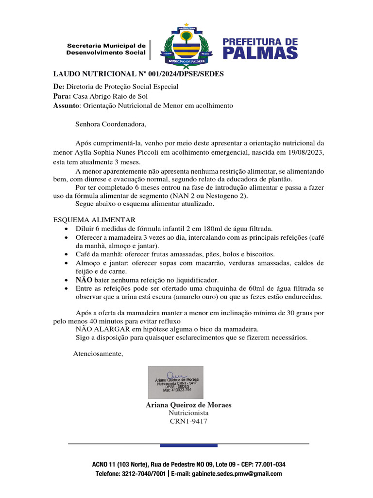 Laudo Nutricional #001-2024 - Ayla Sofia | PDF | Gastronomia, comida e vinho