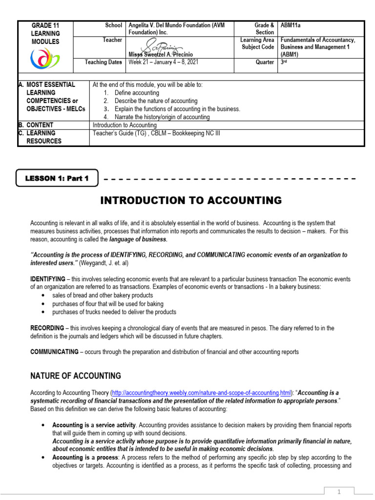Lesson 1 - PART 1 INTRODUCTION TO ACCOUNTING | PDF | Accounting | Information