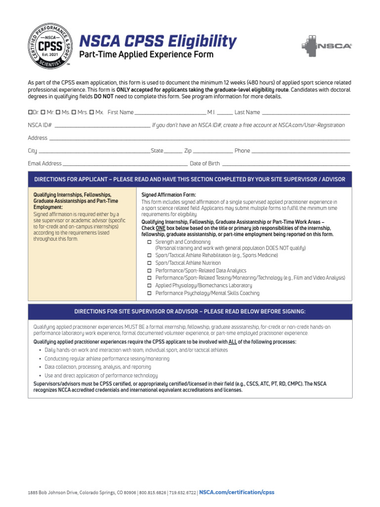 Nsca Cpss Eligibility Part Time Applied Experience Form | PDF ...